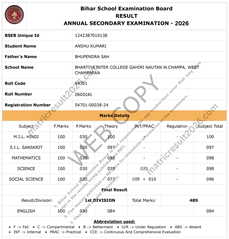 Bihar Board 10th Marksheet Download 2026 PDF (Out) Link